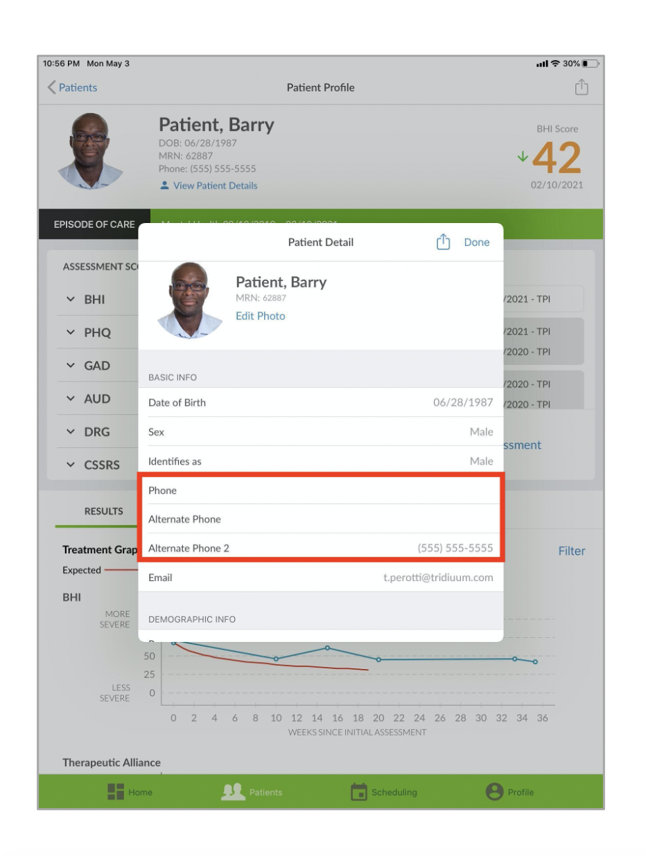 Find Patient Phone Number and Address on Tridiuum ONE Connect